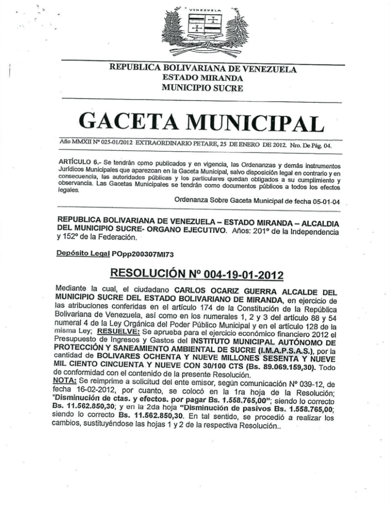 gaceta municipal - Alcaldía del Municipio Sucre