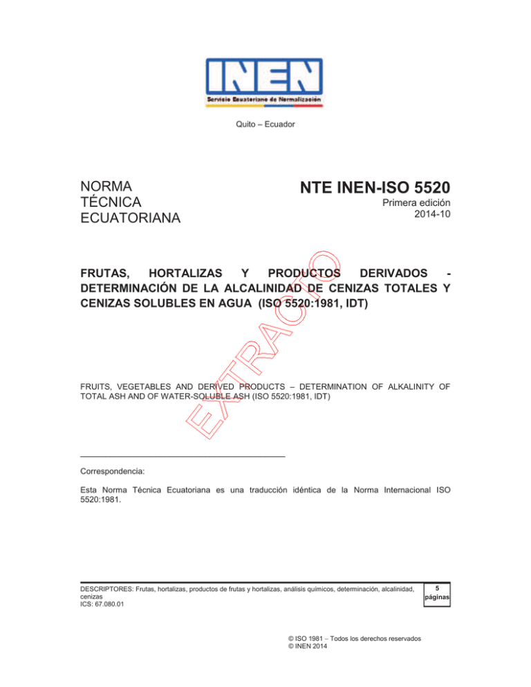 NTE INEN-ISO 5520: Alcalinidad de Cenizas en Frutas y Hortalizas