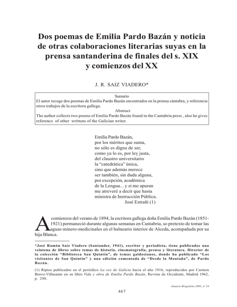 Dos poemas de Emilia Pardo Bazán y noticia de otras