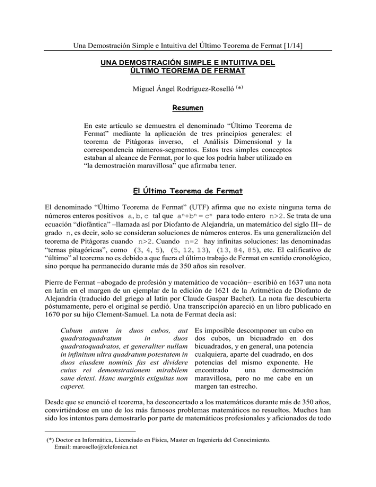 Una Demostración Simple e Intuitiva del Último Teorema de Fermat
