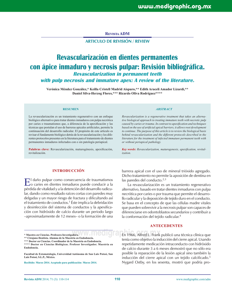 Revascularización en dientes permanentes con ápice inmaduro y
