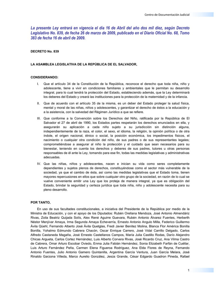 ley de protección integral de la niñez y adolescencia