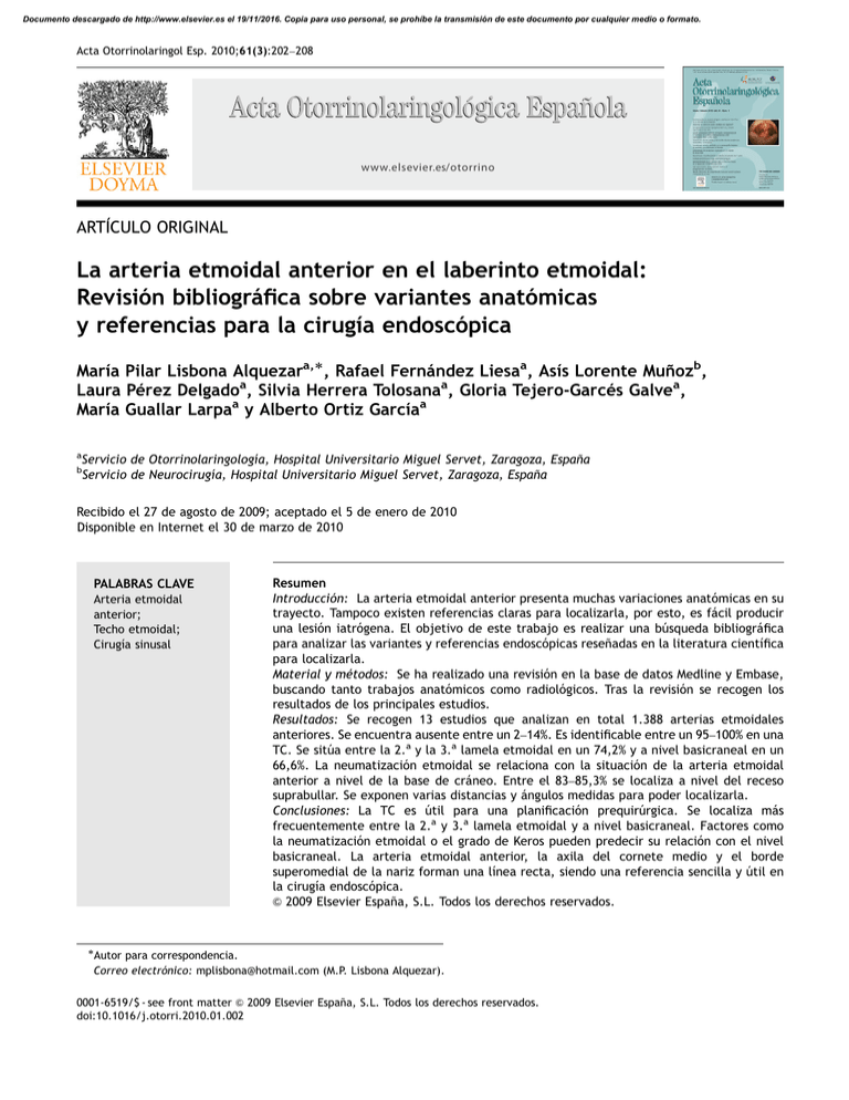 La arteria etmoidal anterior en el laberinto etmoidal: Revisión