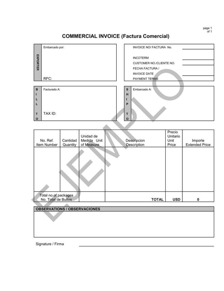 COMMERCIAL INVOICE (Factura Comercial)