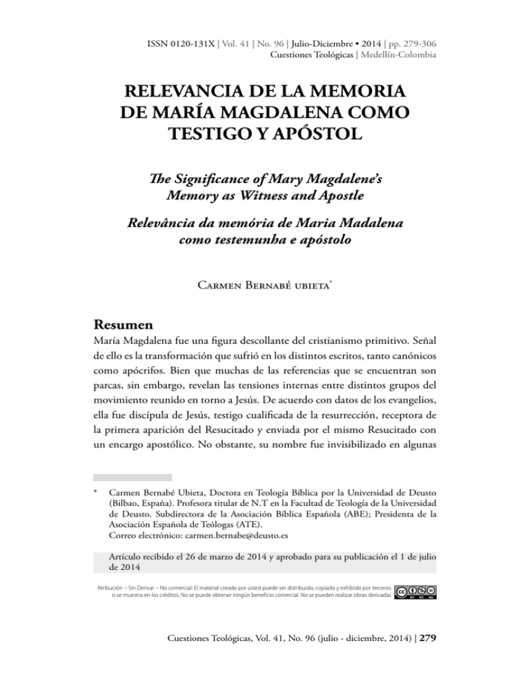 RELEVANCIA DE LA MEMORIA DE MARÍA MAGDALENA COMO