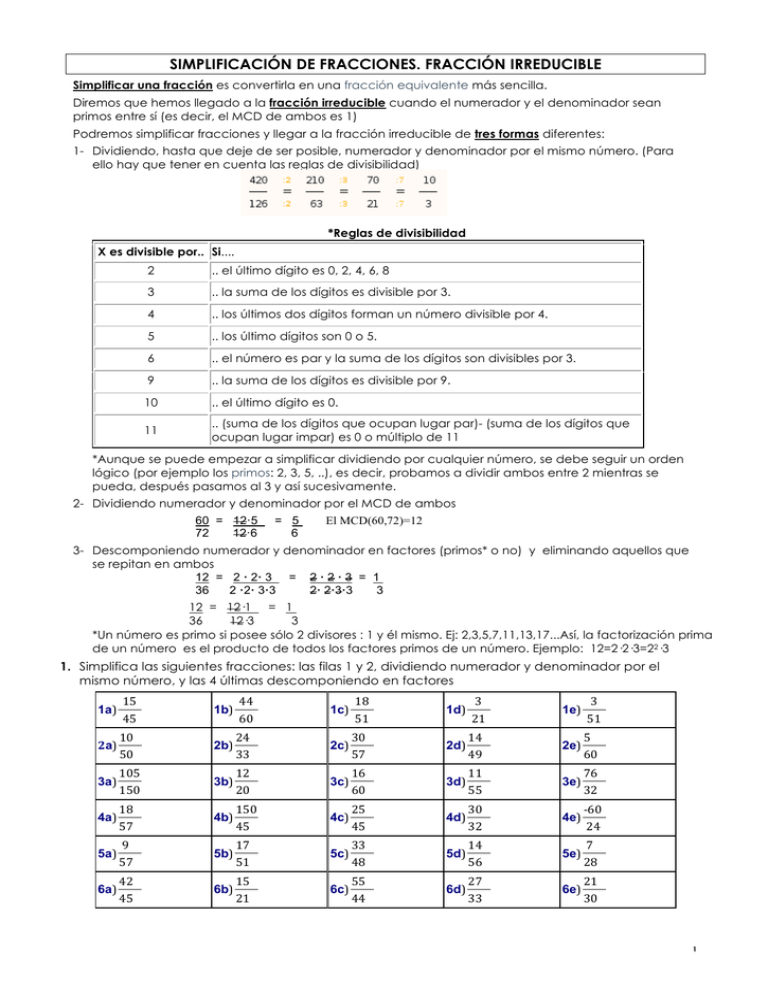 simplificación de fracciones. fracción irreducible