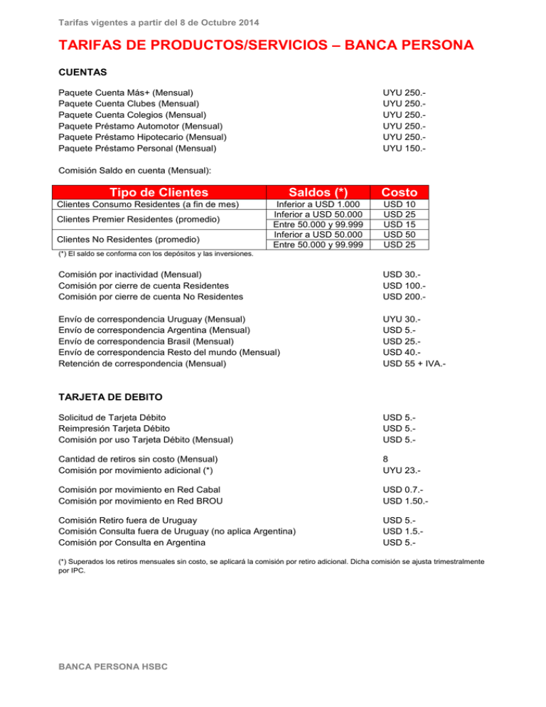 tarifas de productos/servicios – banca persona