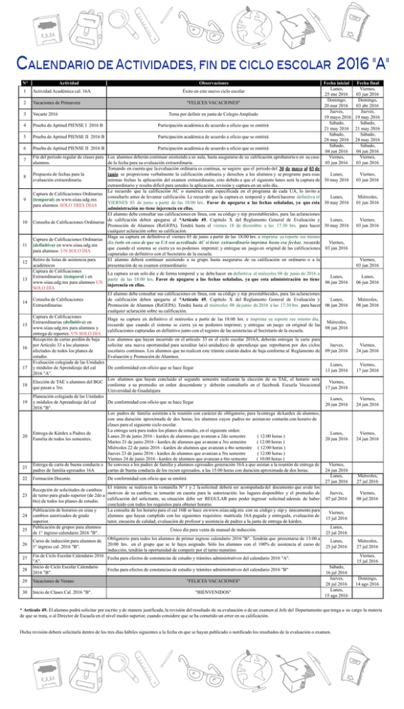 Calendario de Actividades - fin de ciclo Escolar 2016-A