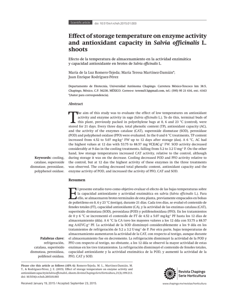 Effect of storage temperature on enzyme activity and antioxidant