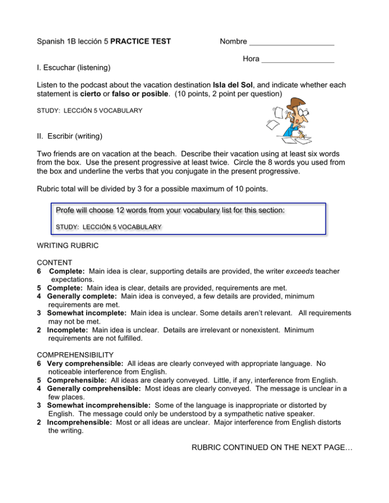 PRACTICE TEST Spanish 1B lección 5