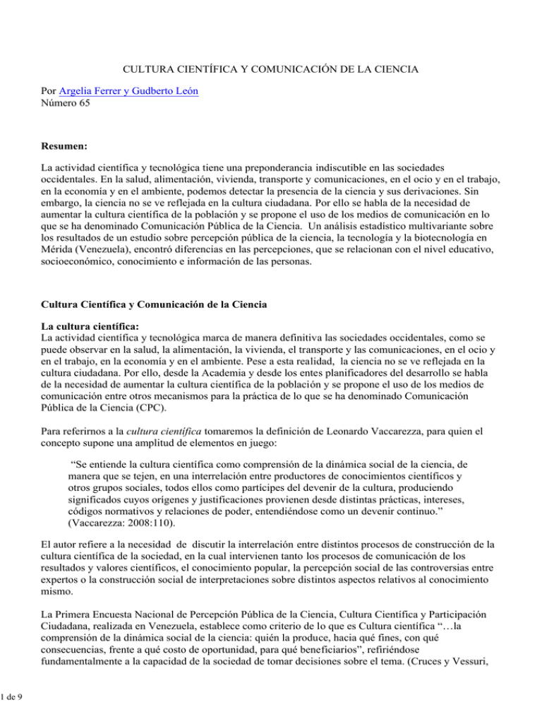 CULTURA CIENTÍFICA Y COMUNICACIÓN DE LA