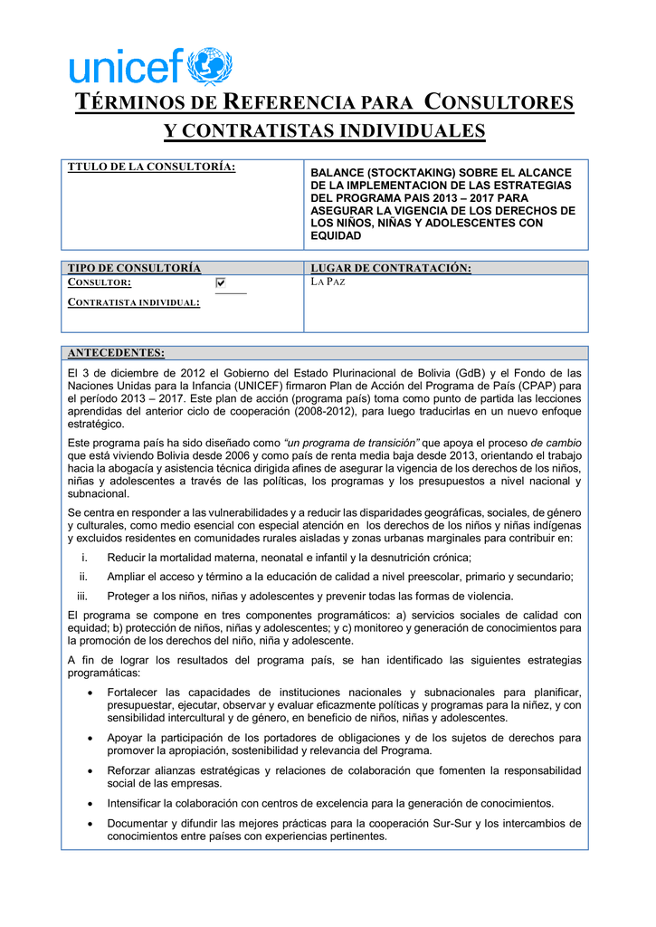 TÉRMINOS DE REFERENCIA PARA CONSULTORES Y