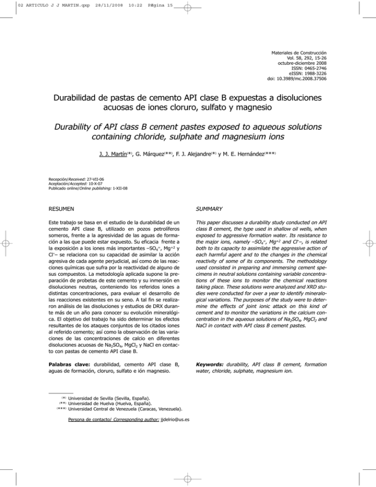 Durability of API class B cement pastes exposed to aqueous