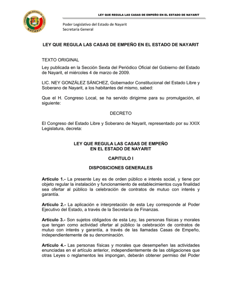 LEY QUE REGULA LAS CASAS DE EMPEÑO EN EL ESTADO DE
