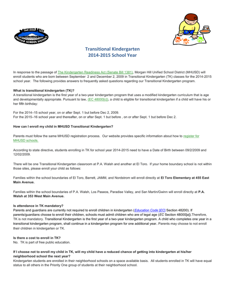 Transitional Kindergarten 2014 2015 School Year