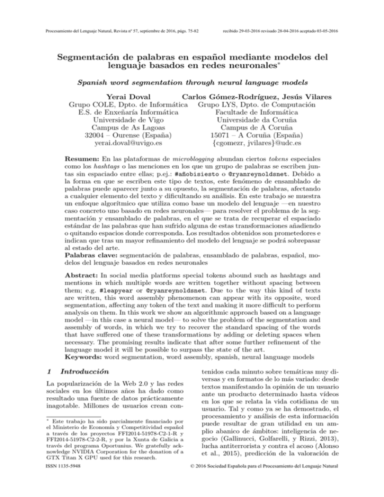 Segmentación de palabras en espa˜nol mediante modelos del