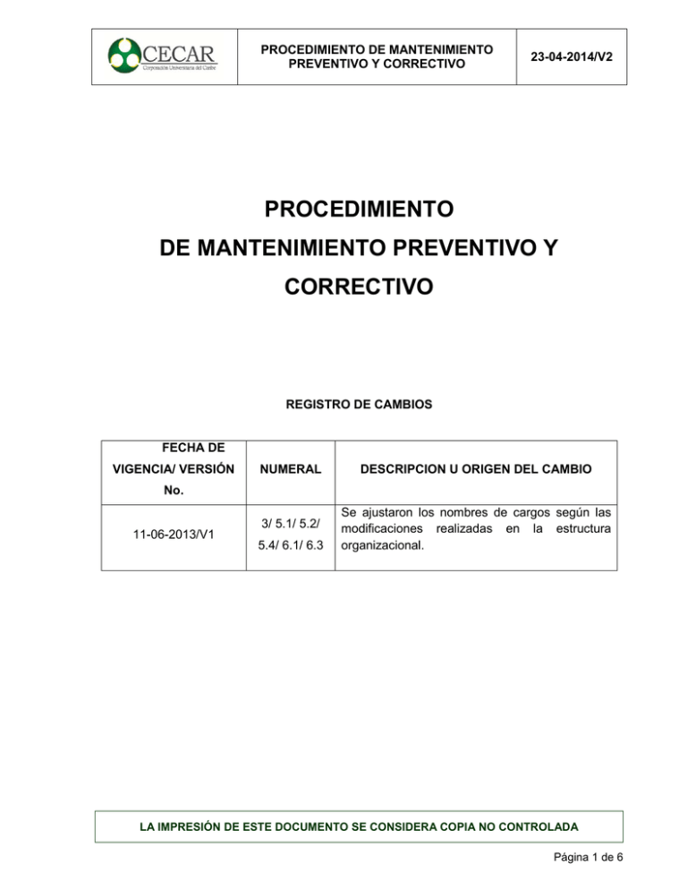 procedimiento de mantenimiento preventivo y correctivo