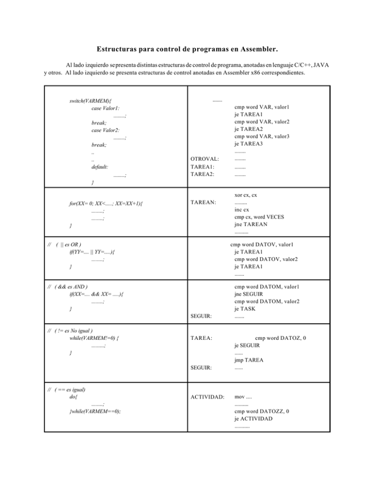 Estructuras para control de programas en Assembler.
