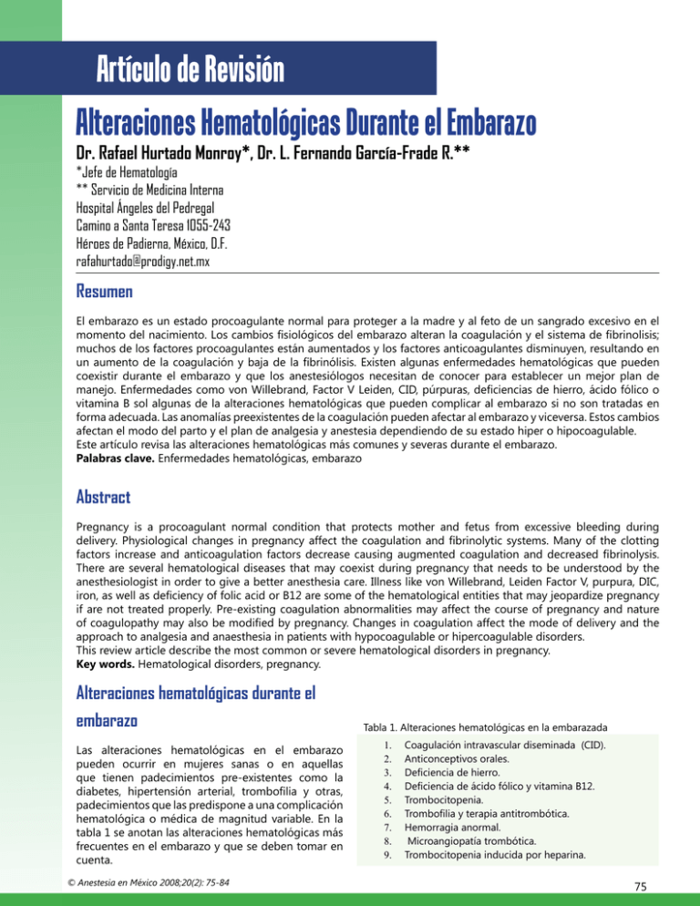 Artículo de Revisión Alteraciones Hematológicas Durante el