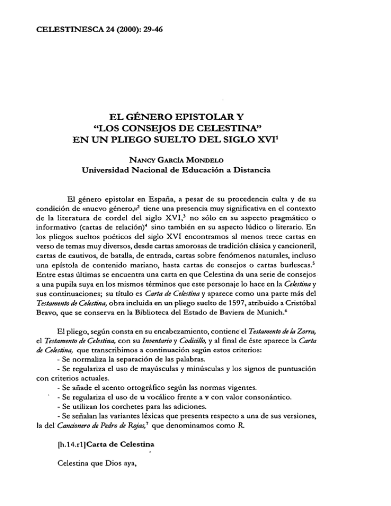 El género epistolar y "los consejos de Celestina" en un pliego suelto