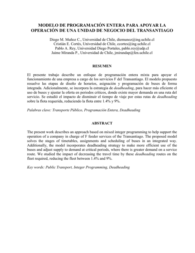 modelo de programación entera para apoyar la operación de una