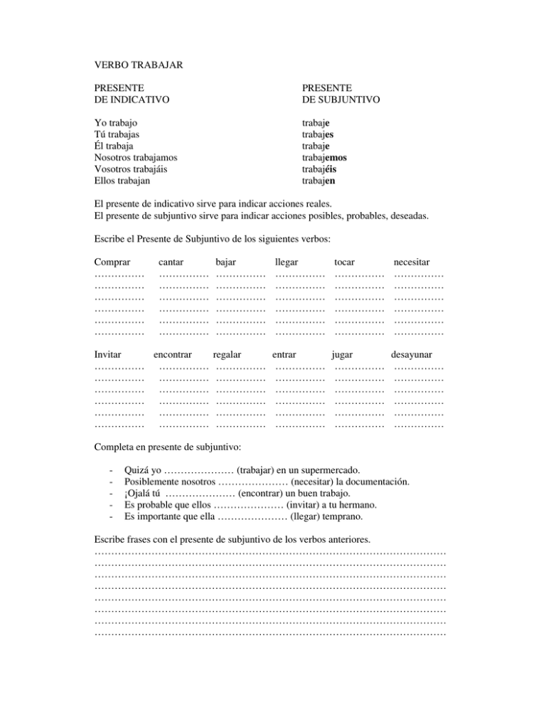 VERBO TRABAJAR PRESENTE PRESENTE DE
