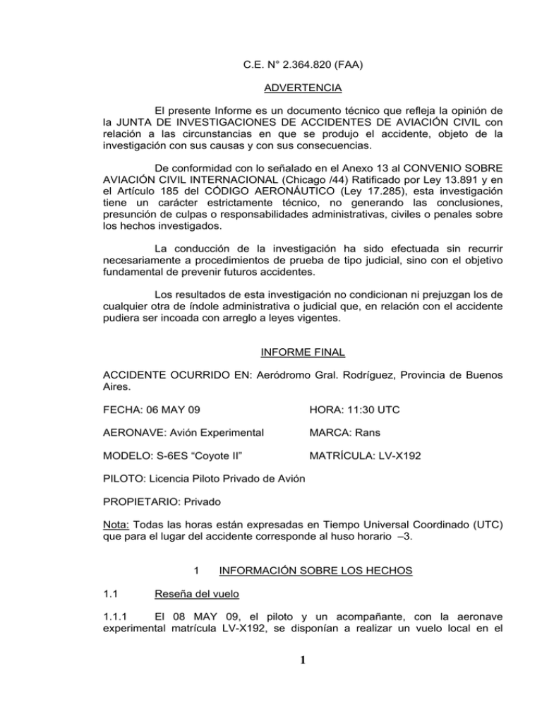 CE N° 2.364.820 (FAA) ADVERTENCIA El presente Informe