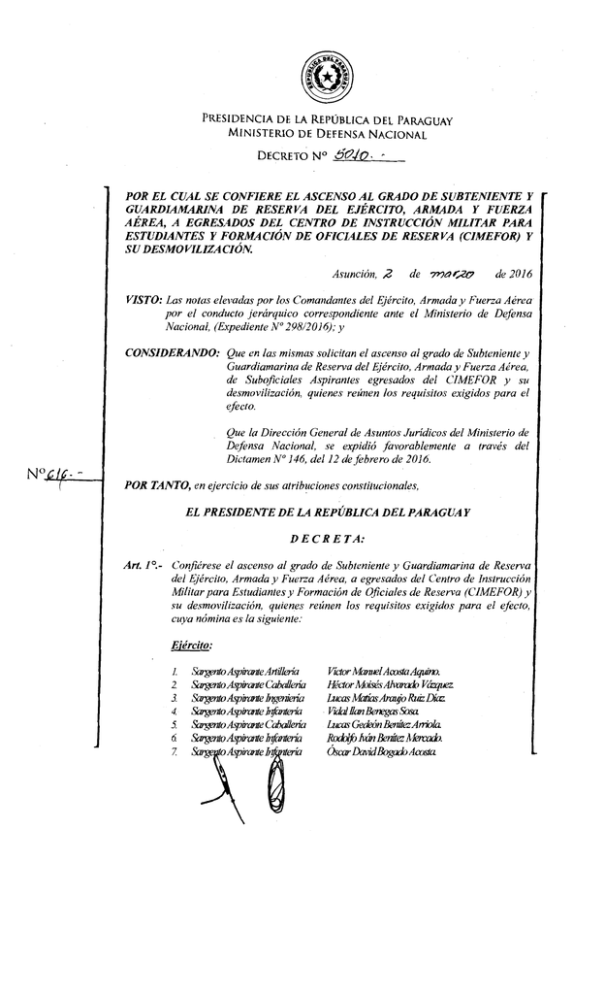por el cual se confiere el ascenso al grado de subteniente y