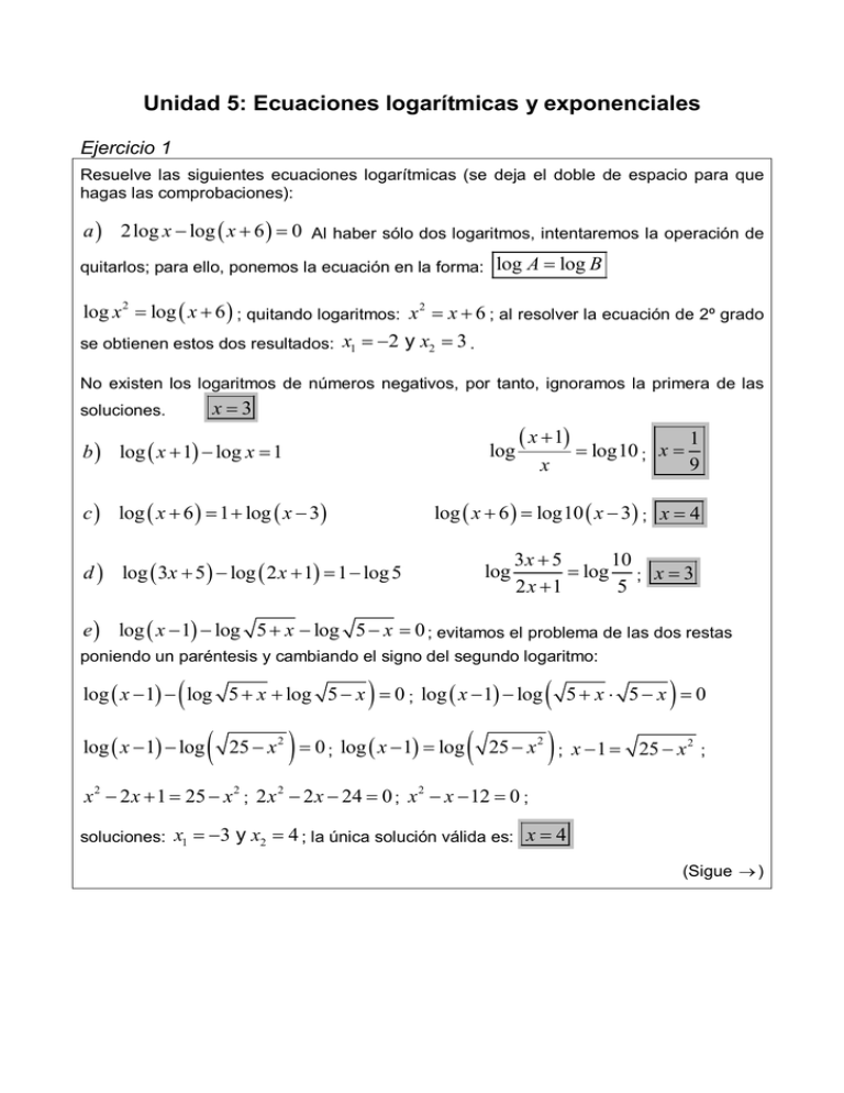 Solucionario Ecuaciones Logarítmicas Y Exponenciales