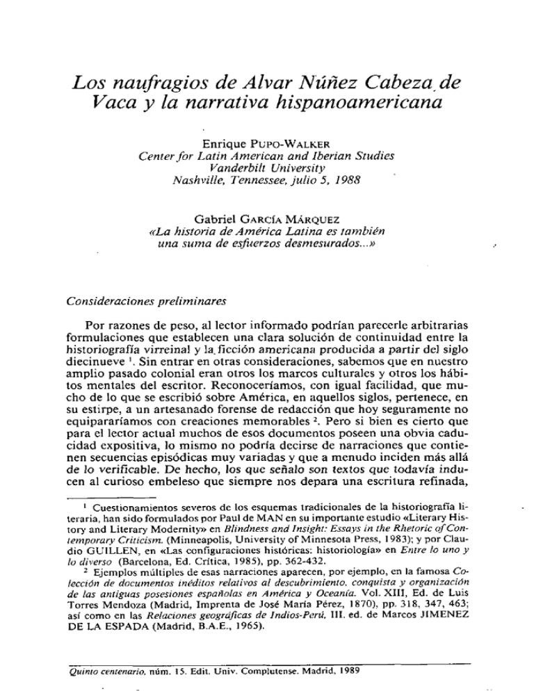 Los naufragios de Alvar Núñez Cabeza, de Vaca y la narrativa