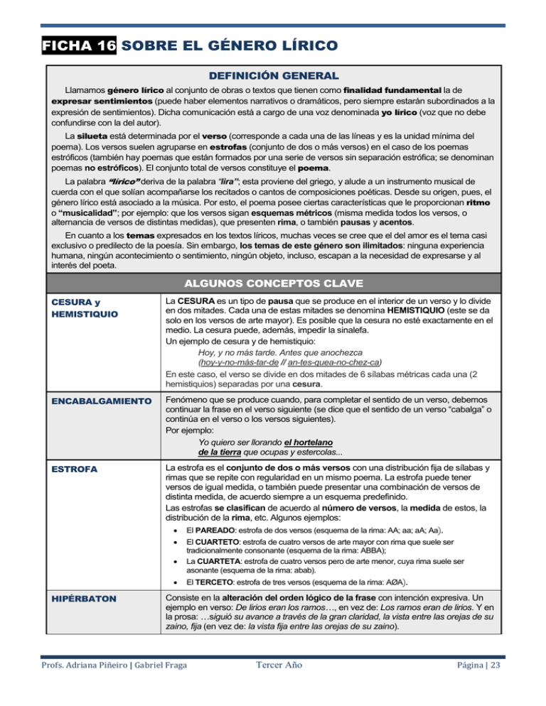 Sobre el Género Lírico: definición y listado de recursos (Ficha 16)