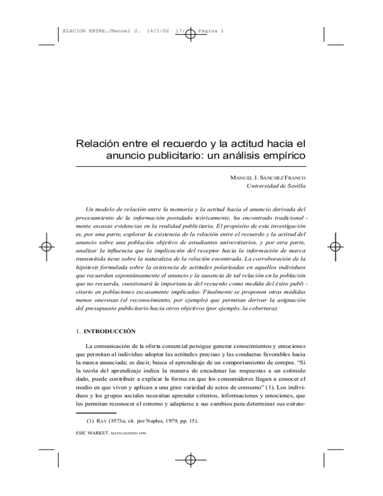 Relación entre el recuerdo y la actitud hacia el anuncio