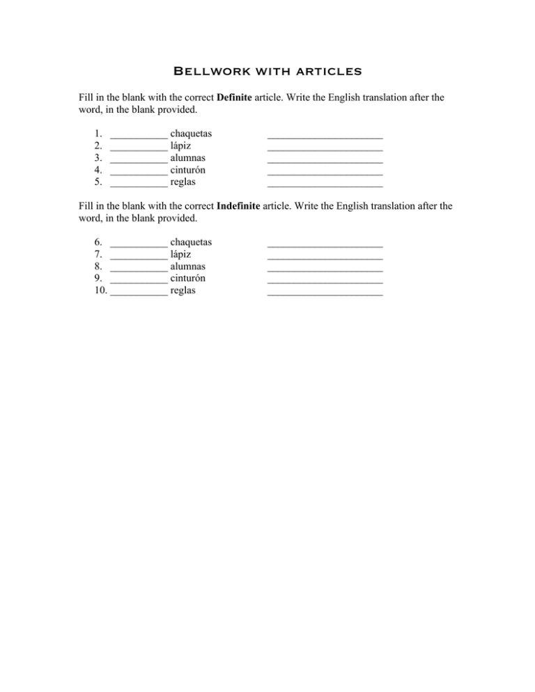 Bellwork with articles