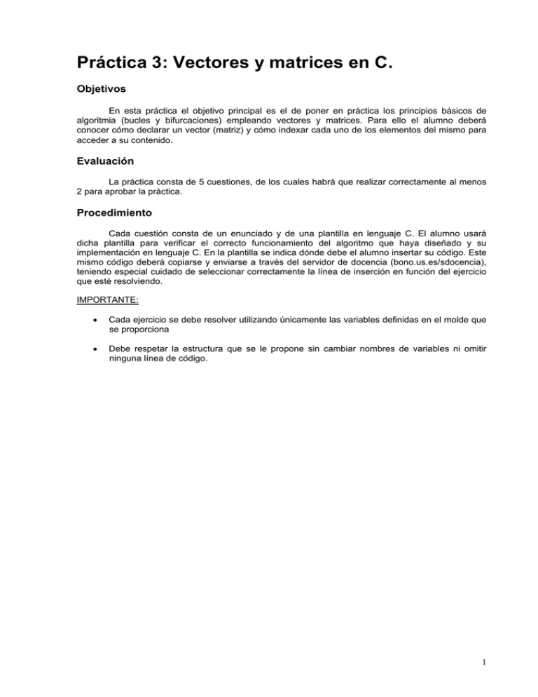 Práctica 3: Vectores y matrices en C.