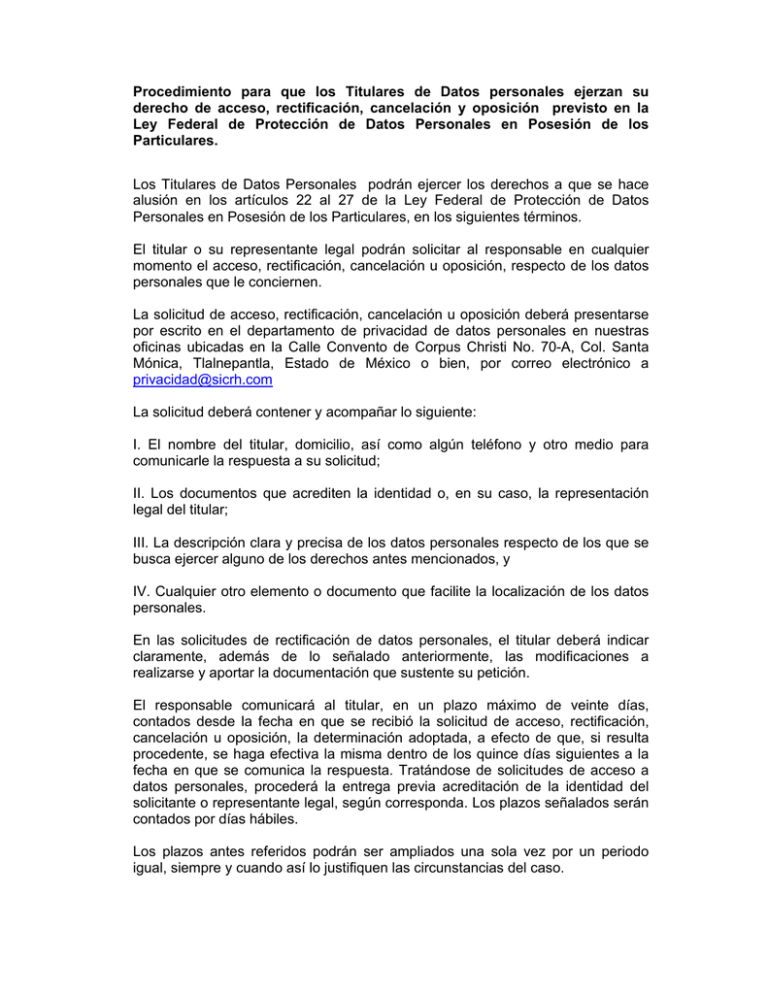 Procedimiento para que los Titulares de Datos personales ejerzan