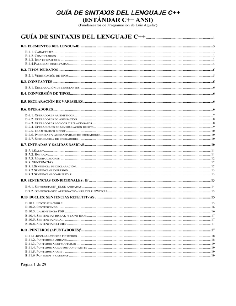 GUÍA DE SINTAXIS DEL LENGUAJE C++ (ESTÁNDAR C++ ANSI)