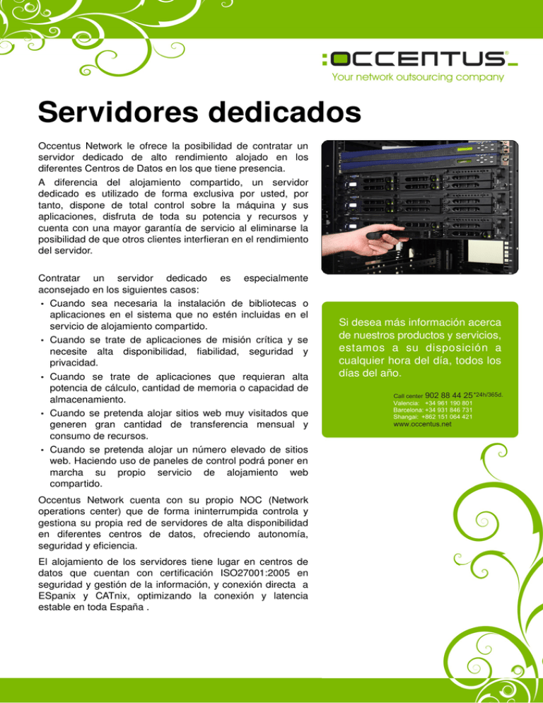 Catálogo Servidores dedicados. Occentus Network.