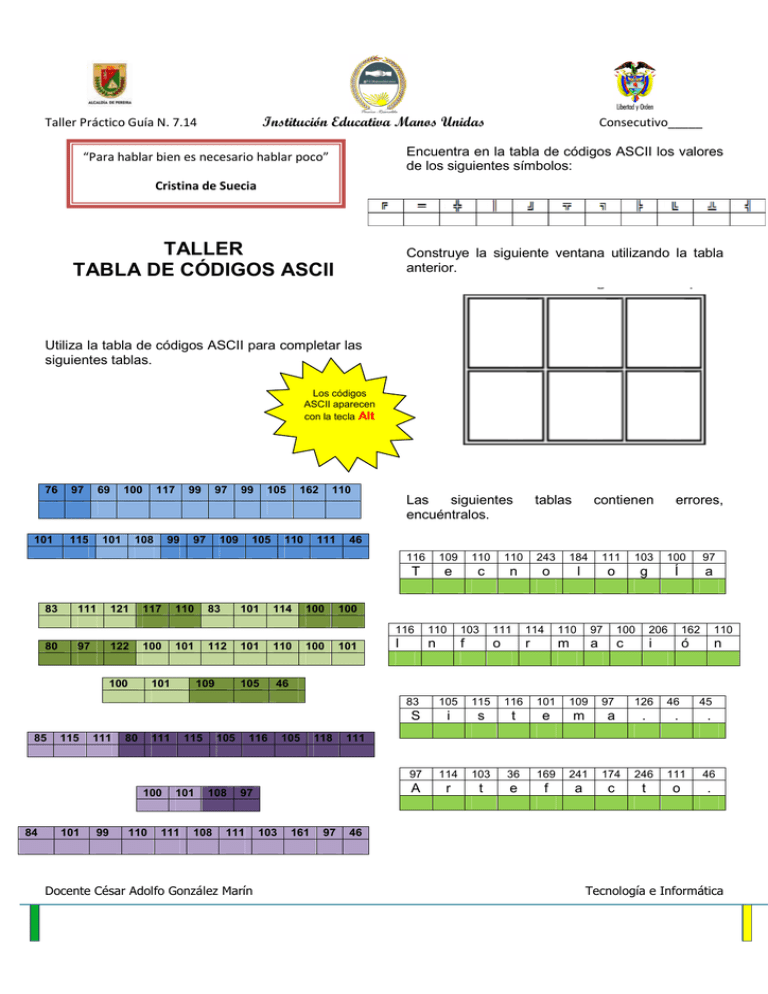 TALLER – LA TABLA DE CODIGOS ASCII
