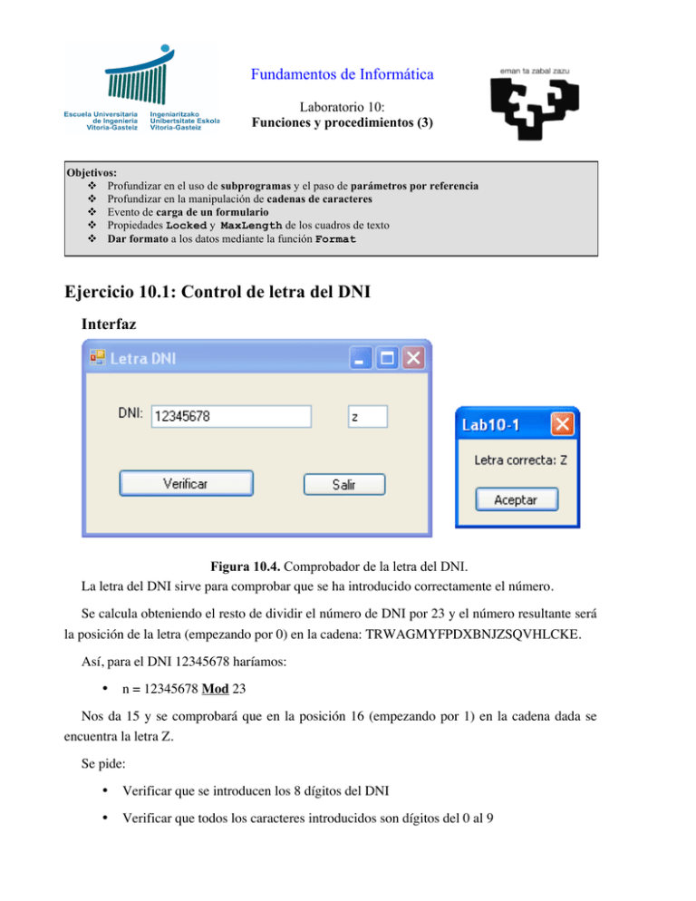 Ejercicio 10.1: Control de letra del DNI