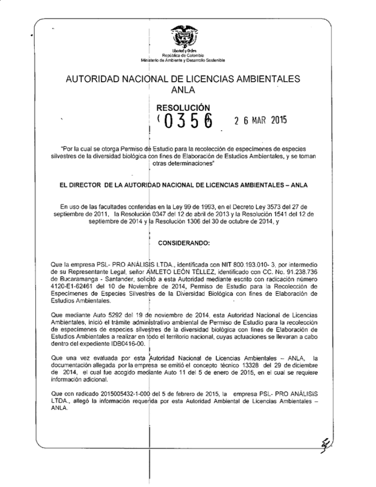 19-, autoridad nacional de licencias ambientales anla resolución