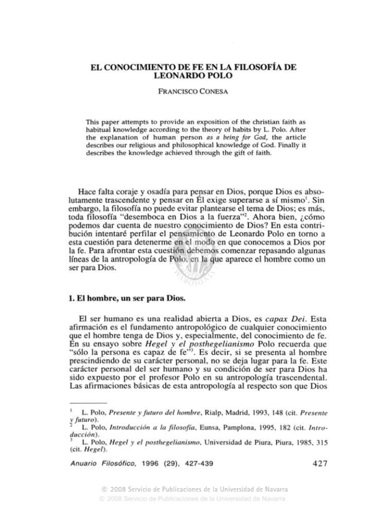 EL CONOCIMIENTO DE FE EN LA FILOSOFÍA DE LEONARDO