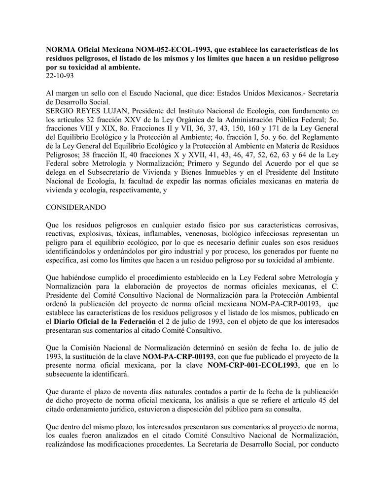 NORMA Oficial Mexicana NOM-052-ECOL