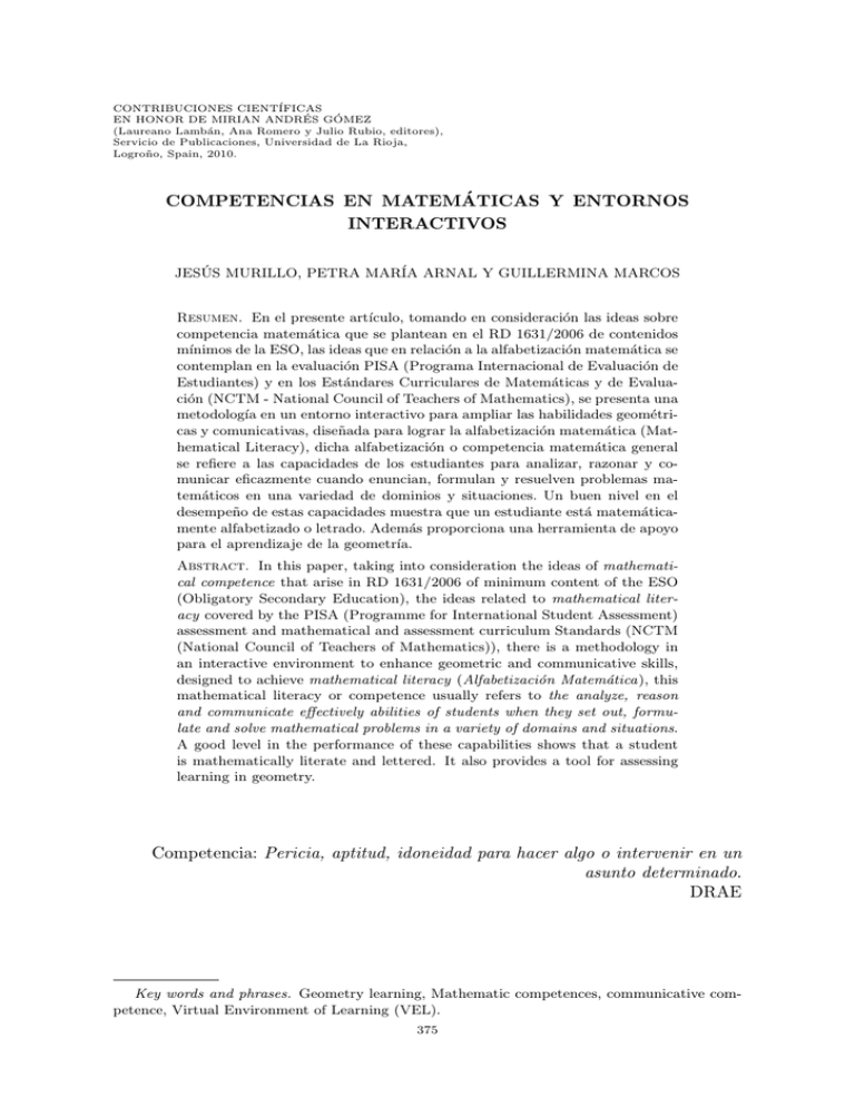 COMPETENCIAS EN MATEM´ATICAS Y ENTORNOS