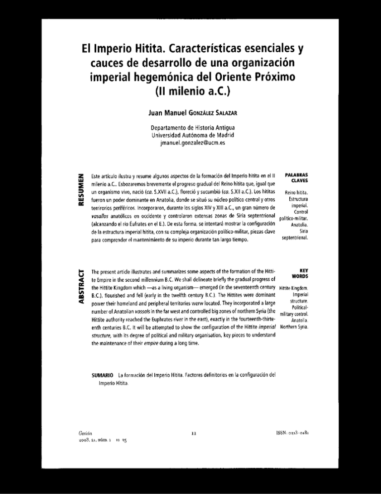 El Imperio Hitita. Características esenciales y cauces de desarrollo