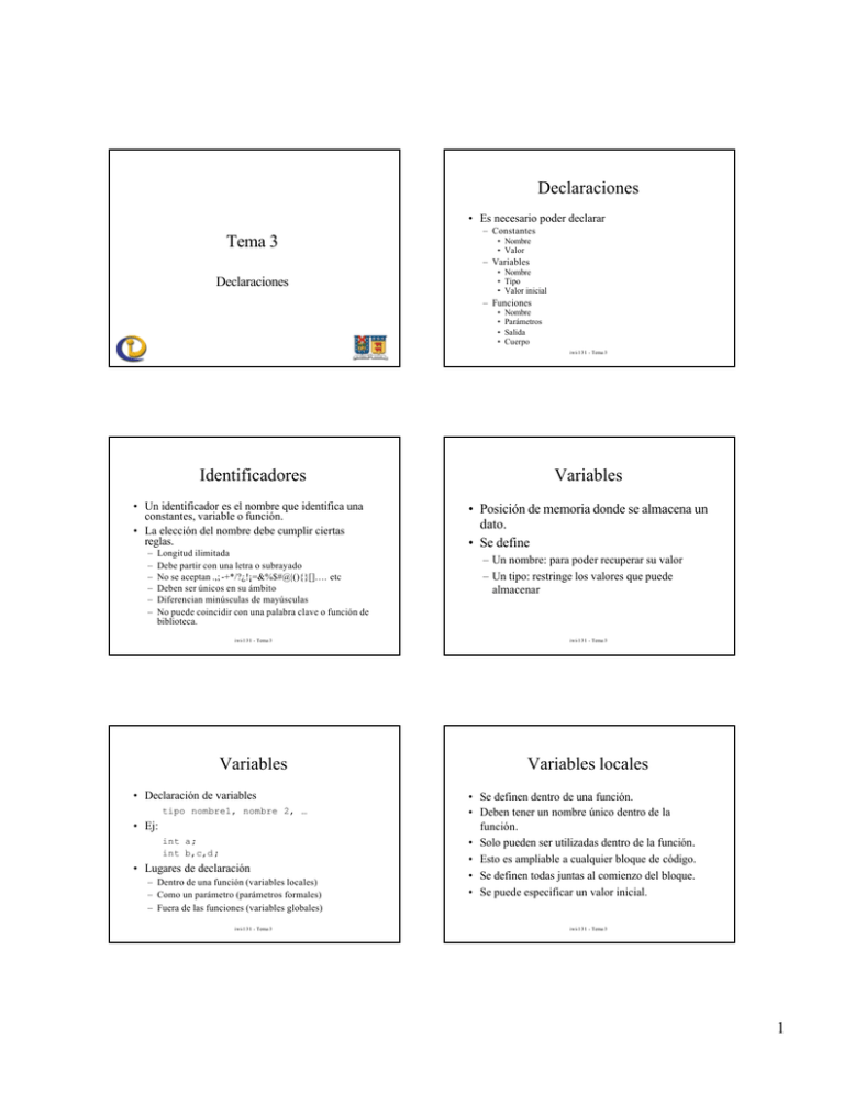 Tema 3 Declaraciones Identificadores Variables Variables Variables