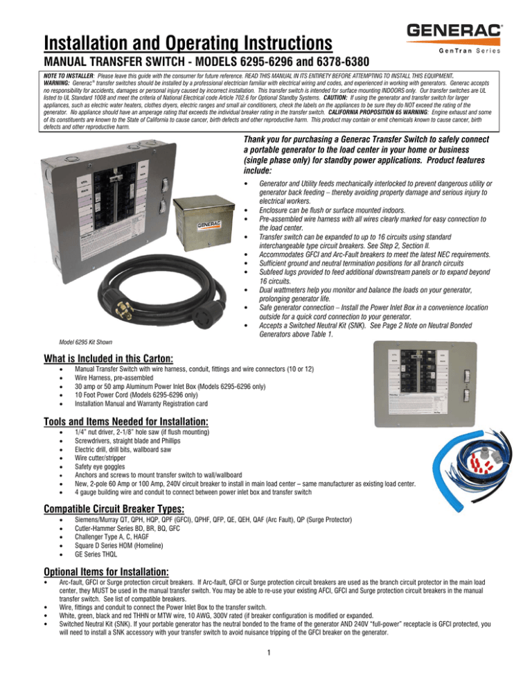Installation and Operating Instructions
