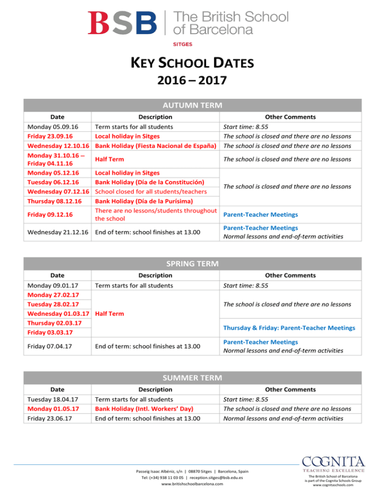key school dates - British School of Barcelona