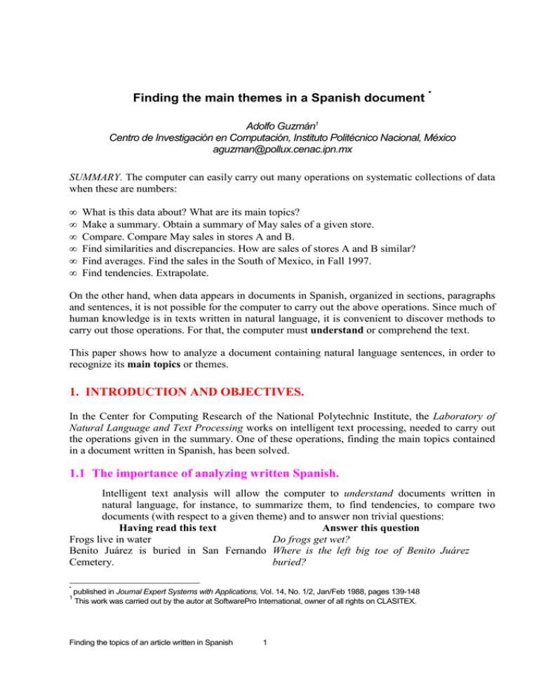 Finding the main themes in a Spanish document 1