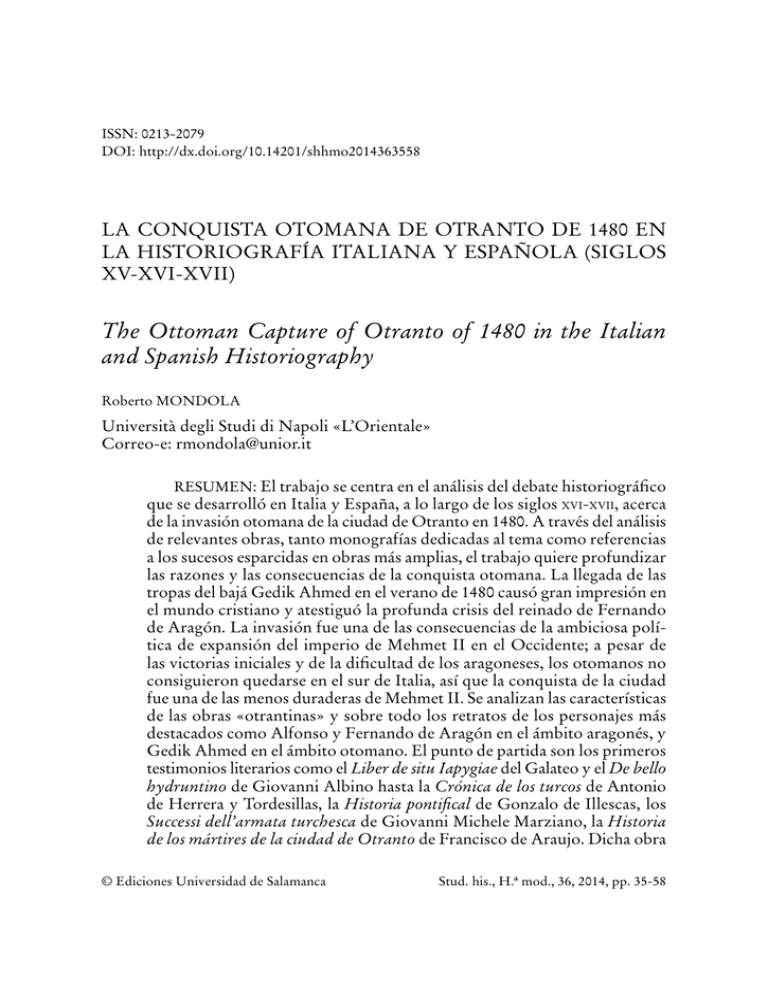 La conquista otomana de Otranto de 1480 en la historiografía