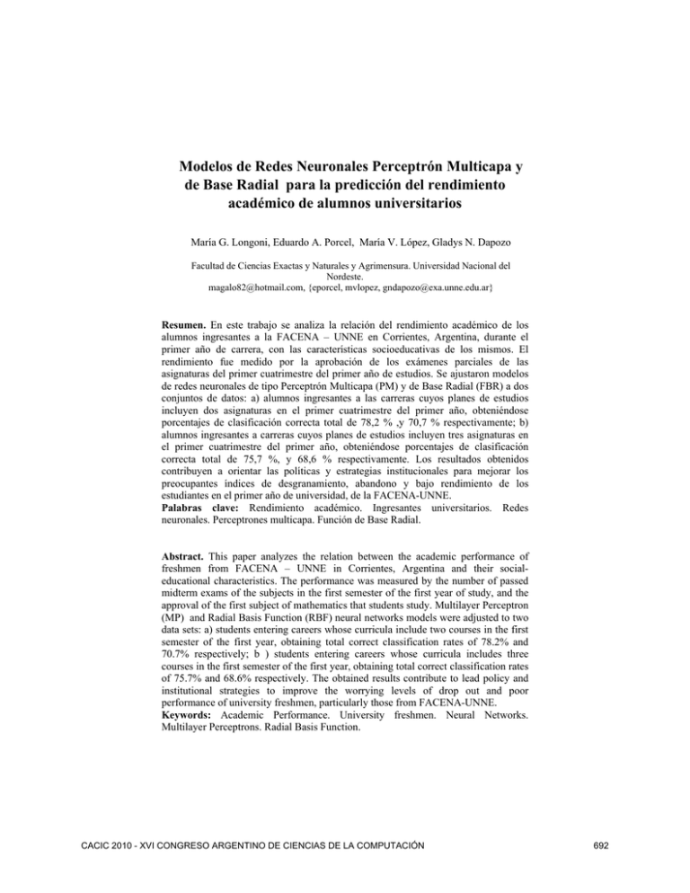 Modelos de Redes Neuronales Perceptrón Multicapa y de Base